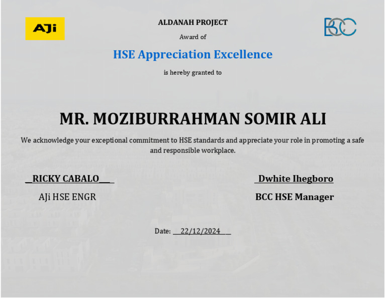 MOZIBURRAHMAN - HSE Appreciation Certificate Styled v2 | PDF