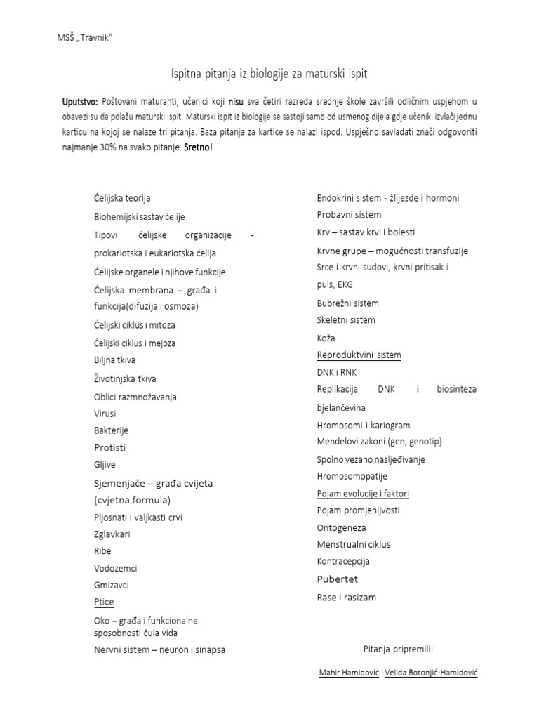 Ispitna Pitanja Iz Biologije Za Maturski Ispit | PDF