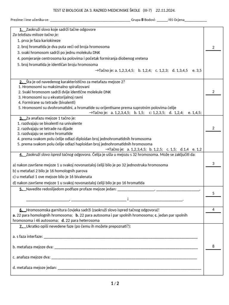 Test Iz Biologije Za III 7 Grupa b | PDF