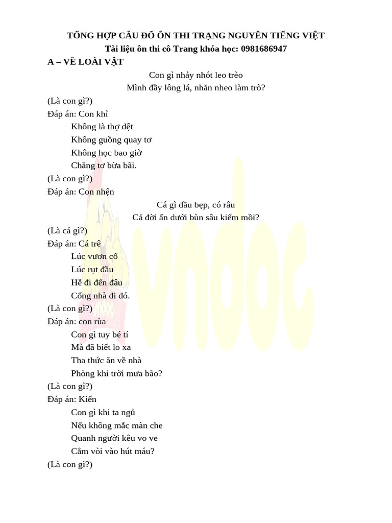 TỔNG HỢP CÂU ĐỐ ÔN THI TNTV | PDF