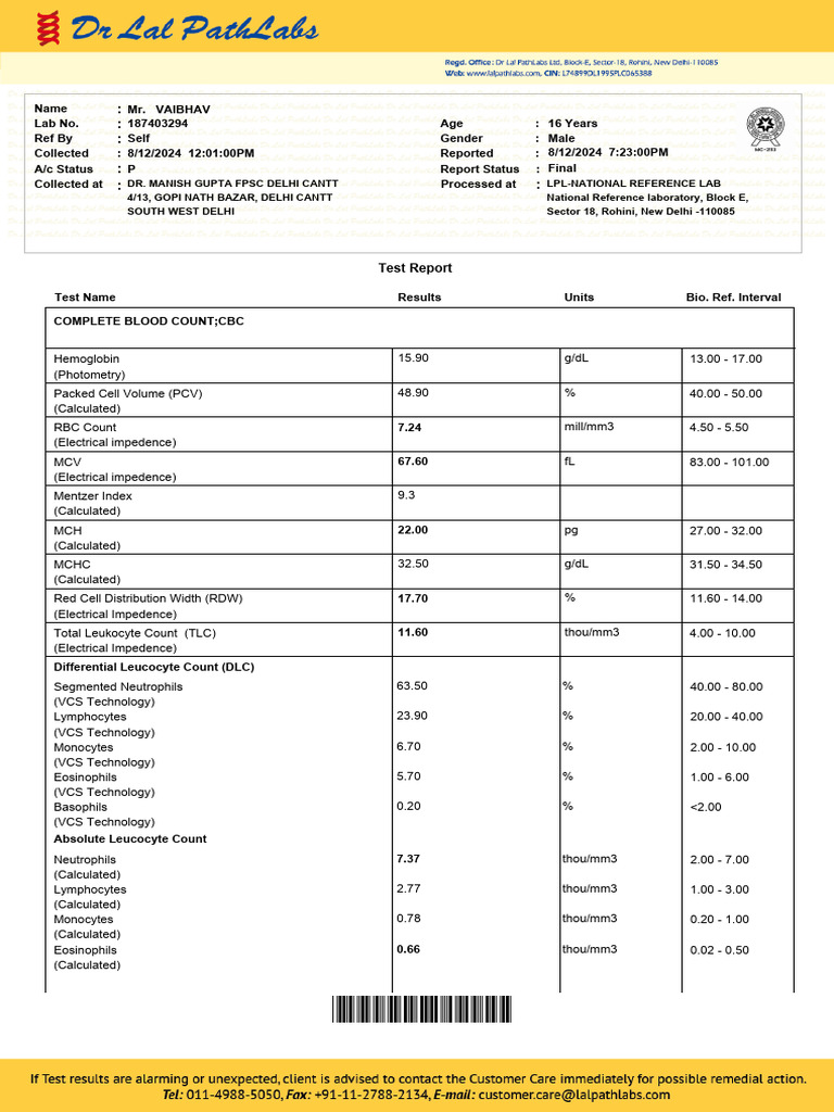 CBC and Widal Test Report for 16-Year-Old | PDF | White Blood Cell ...
