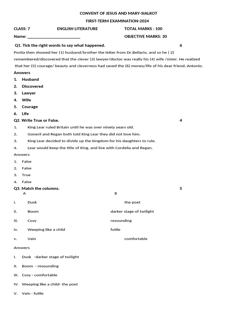 Class 7 English Literature Exam 2024 | PDF | King Lear | The Merchant ...
