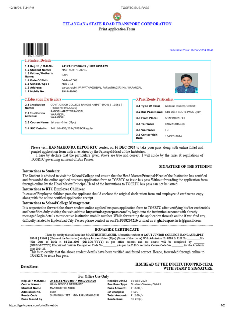 TGSRTC BUS PASS | PDF