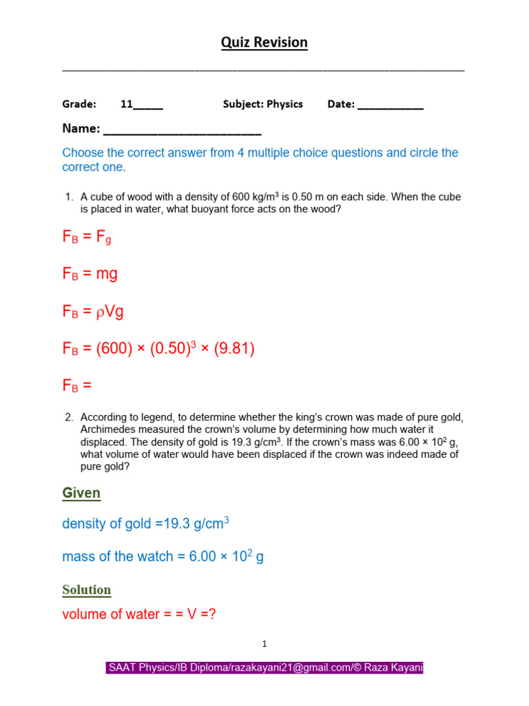 Quiz 8.1 MS Fluids+Buoyant+Force | PDF | Buoyancy | Density