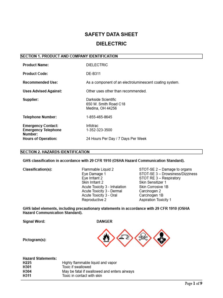 Lumilor b311 Sds Dielectric Rev92922 | PDF | Occupational Safety And Health | Safety
