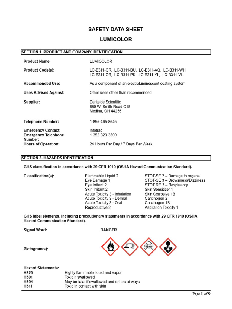 Lumicolor Safety Data Sheet | PDF | Occupational Safety And Health | Safety