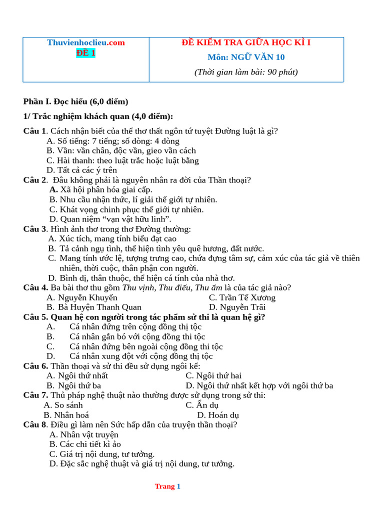 40 de Kiem Tra Giua HK1 Ngu Van 10 | PDF