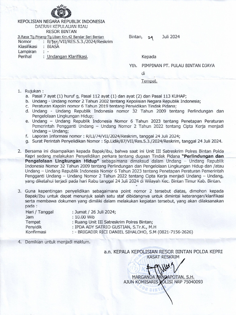 Undangan Klarifikasi Polres Bintan 2024 | PDF