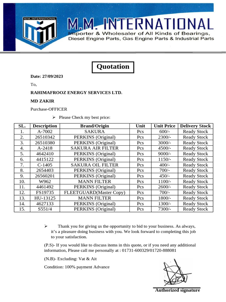Quotation for Perkins & Sakura Parts | PDF