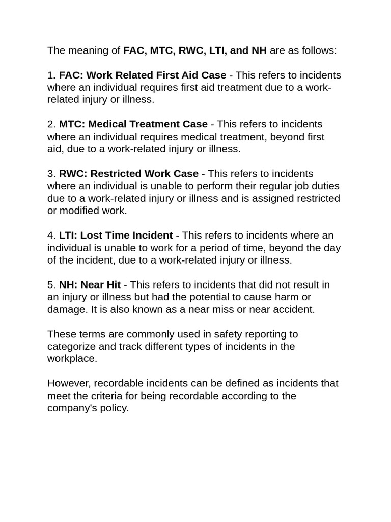 FAC, MTC, RWC, LTI, and NH | PDF