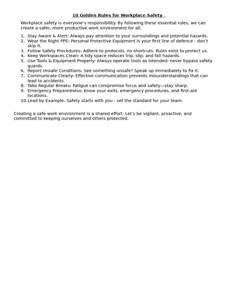 Golden Rules For Workplace Safety | PDF