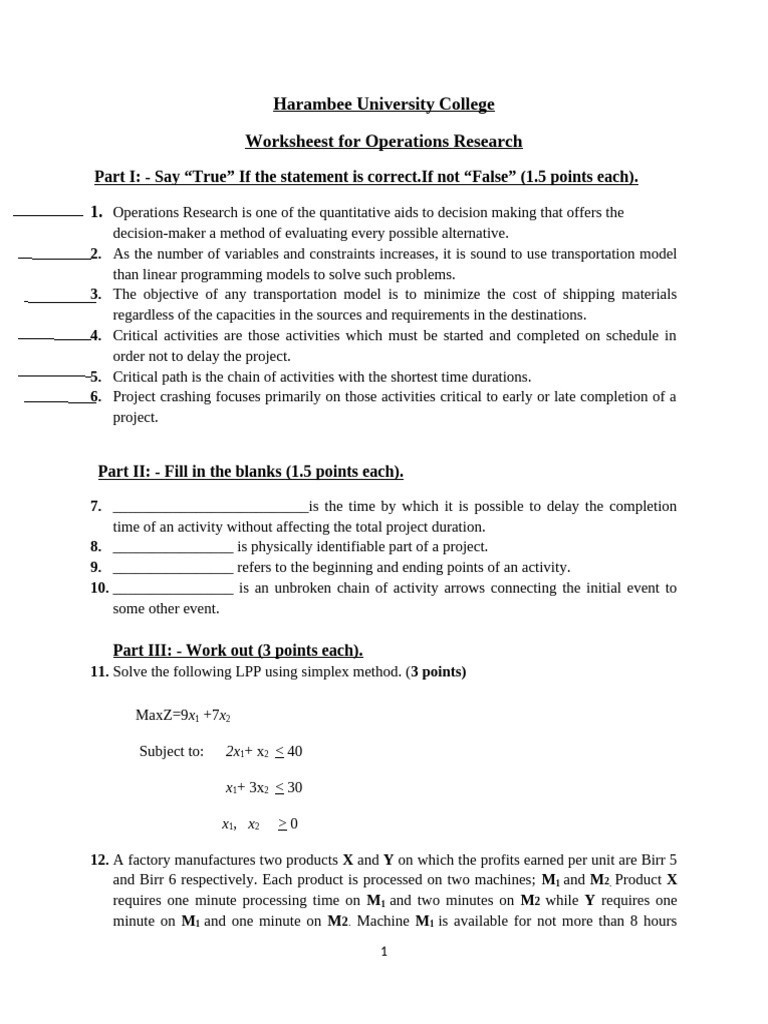 Operation Research Worksheet | PDF | Linear Programming | Operations Research