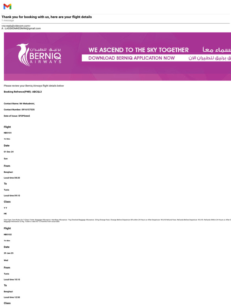 Berniq Airways Flight Details Confirmation | PDF