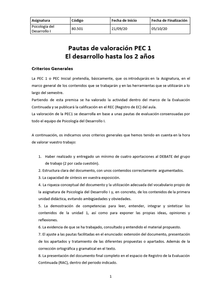 PAUTAS RESPUESTA PEC 1 | PDF | Sicología | Evaluación