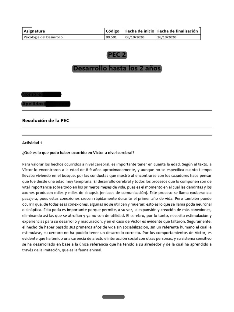 Pec 2 Nota A Psicologia Del Desarrollo I | PDF | Cerebro | Percepción