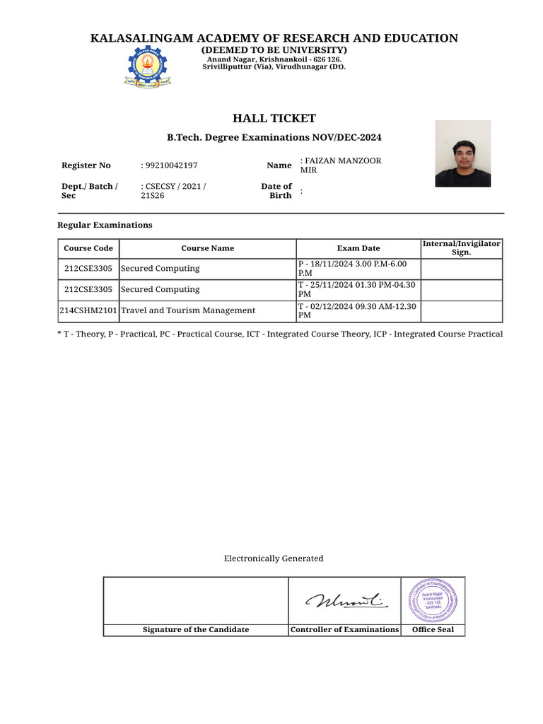Student - Kalasalingam.ac - in Hallticket | PDF