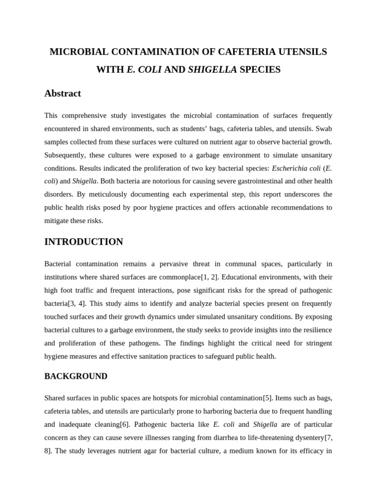 Report Microbial Contamination of Cafeteria Utensils With E | PDF ...
