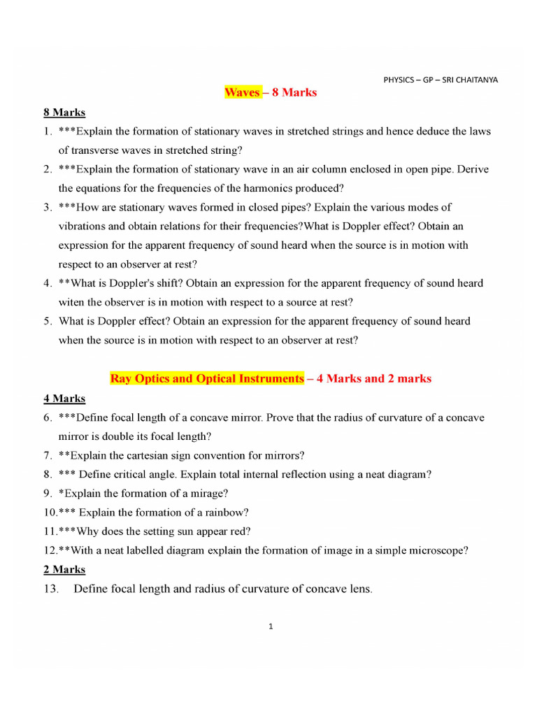 Important Questions - Senior IPE - Physics - 01 | PDF
