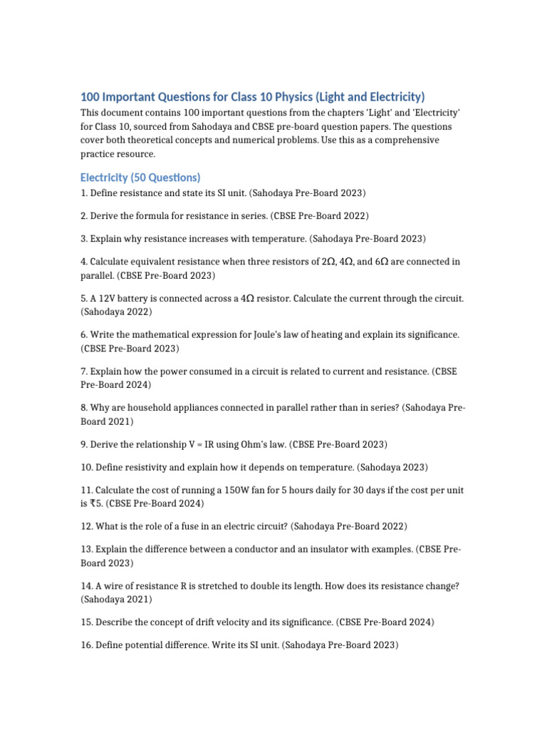 Class 10 Physics 100 Questions | PDF | Electrical Resistance And ...