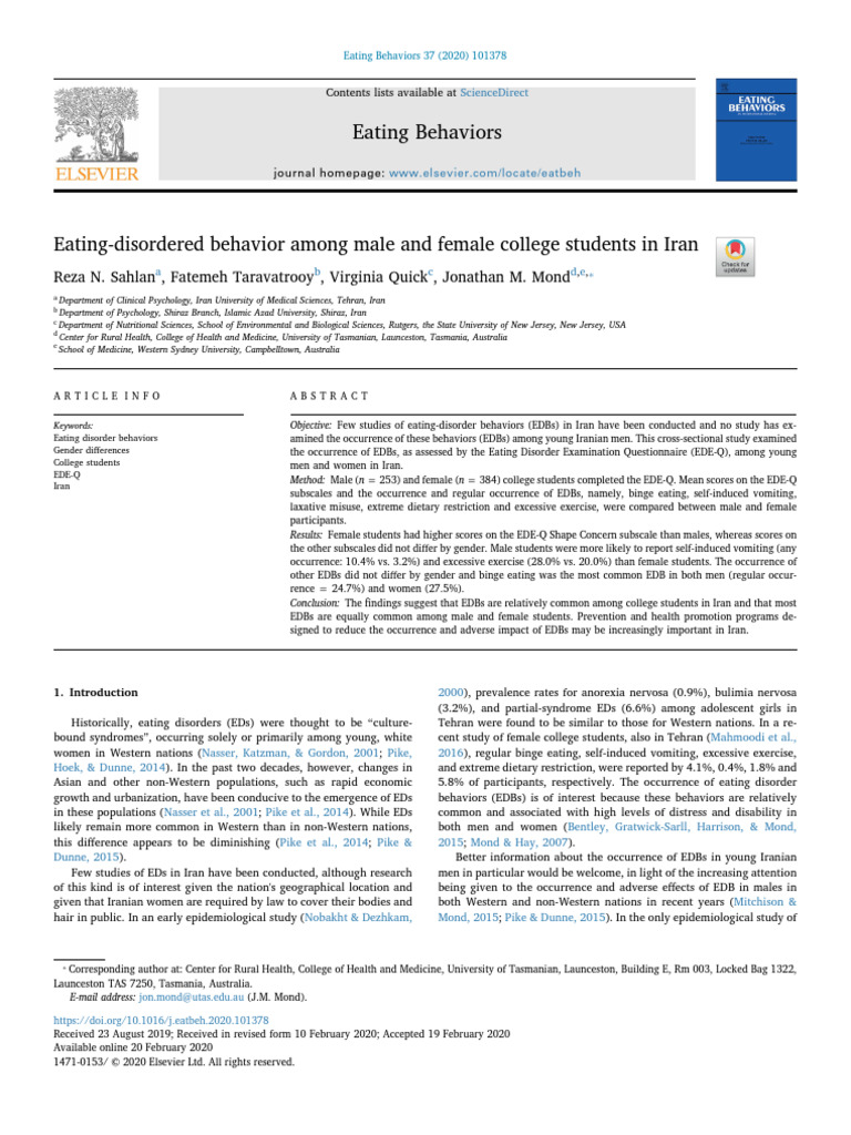 Eating Disordered Behavior Among Male and Female College Students | PDF ...