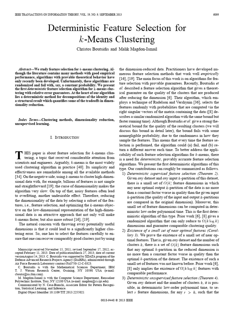 Deterministic Feature Selection For KMeans Clustering | PDF | Matrix (Mathematics) | Eigenvalues ...