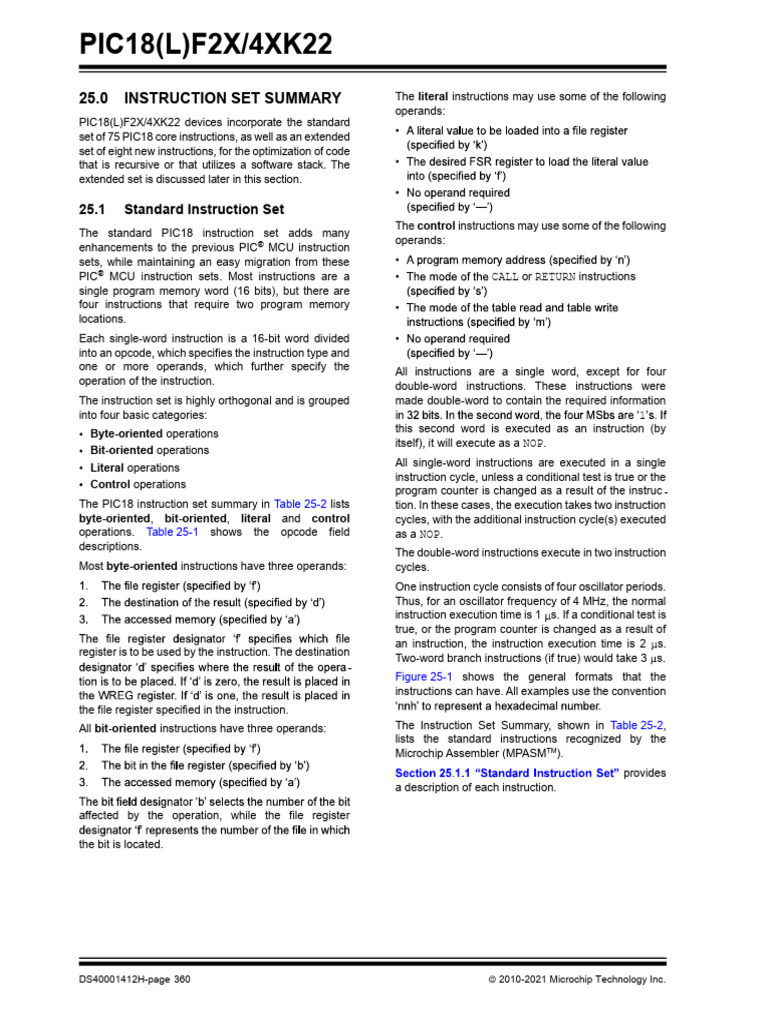 Pic18(l)f2x4xk22 - Instruction Set | PDF | Central Processing Unit | Computer Science