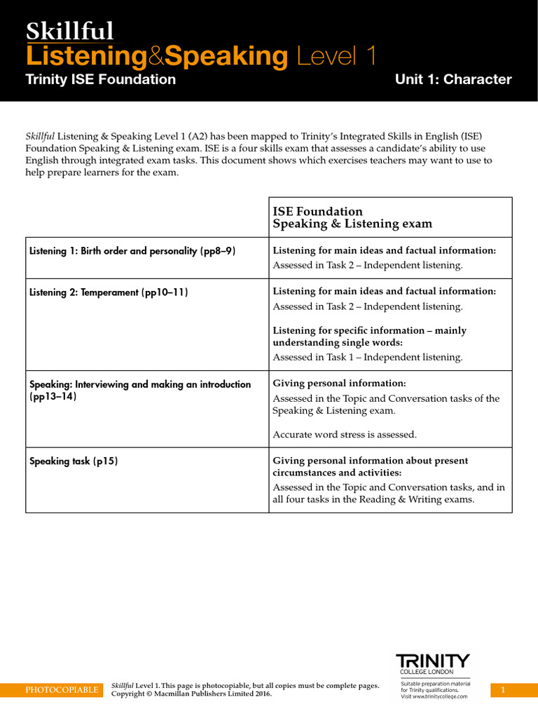 Skillful Listening and Speaking 1 Trinity ISE Foundation | PDF | Information | Stress (Linguistics)