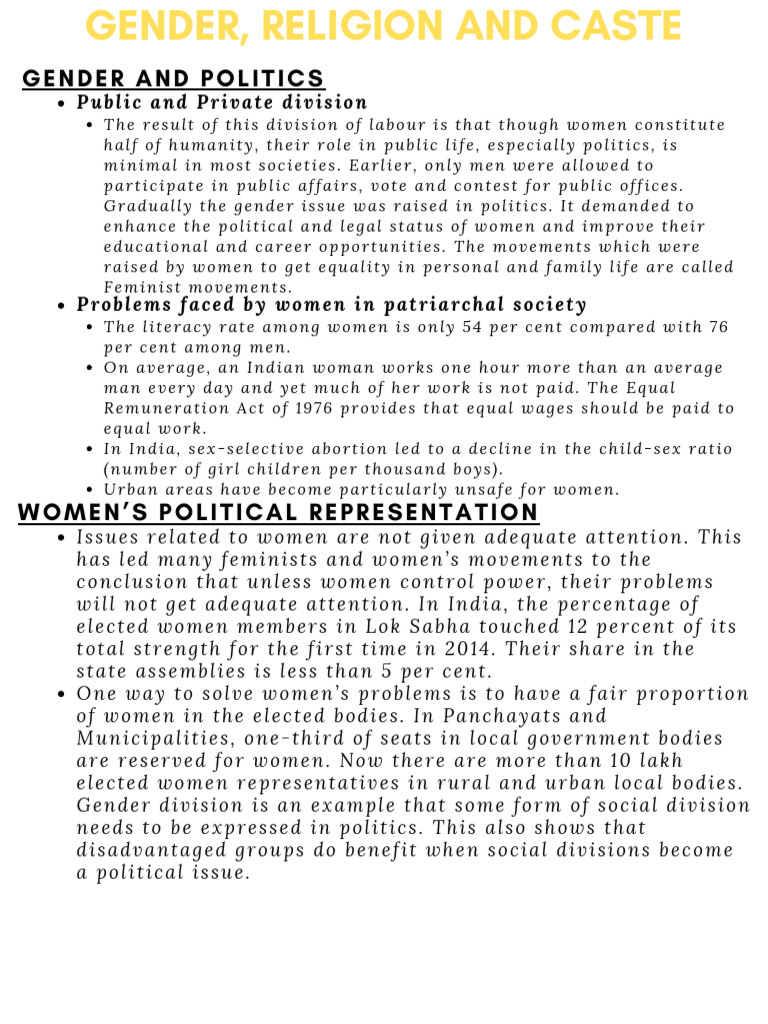 Gender, Religion and Caste notes | PDF | Woman | Voting