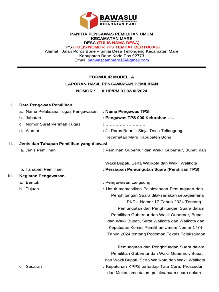 Laporan Pengawasan Pemilu Kecamatan Mare | PDF