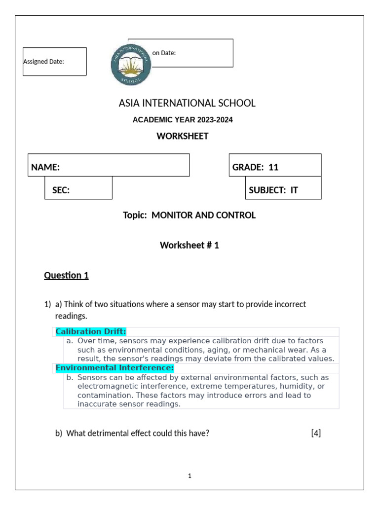 G11_CH3_WS1_key | PDF | Sensor | Central Processing Unit