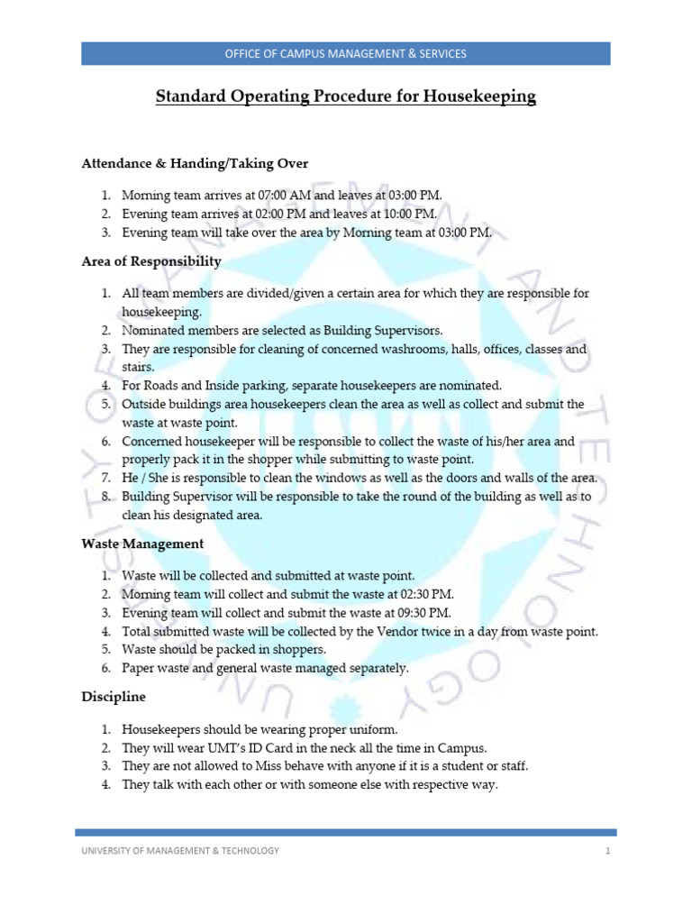 Housekeeping Standard Operating Procedure | PDF