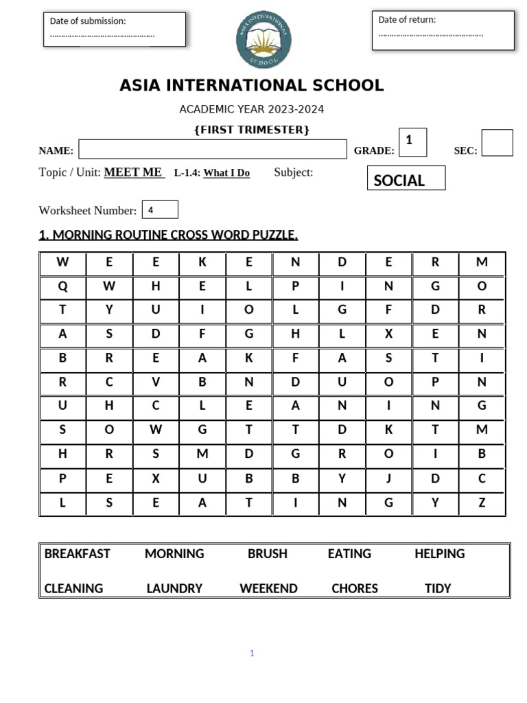 Morning Routine Crossword Puzzle | PDF