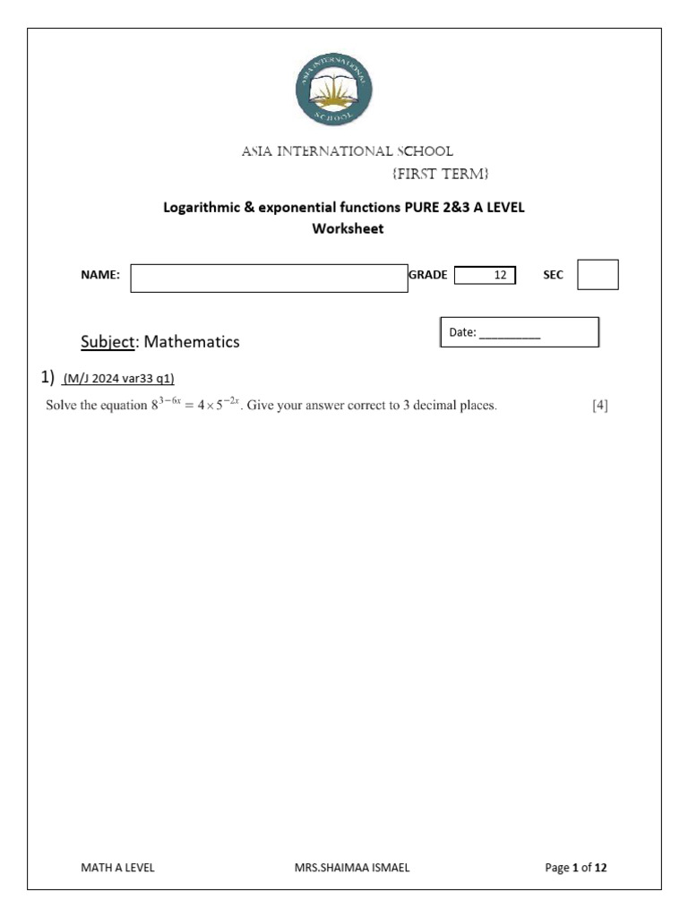 A Level Logarithmic & Exponential Worksheet | PDF