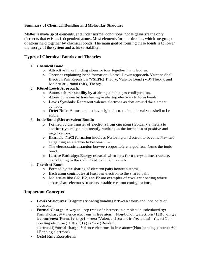 Chemical Bonding Summary for Class 11 | PDF | Molecular Orbital ...