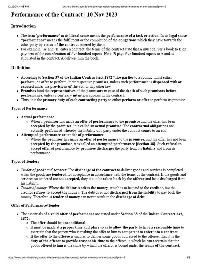 To The Point - TTP Indian Contract Act - Performance of The Contract ...