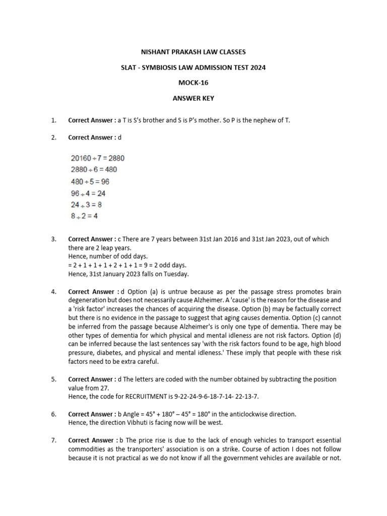 Slat - Symbiosis Law Admission Test-16 2024 Answer Key | PDF | Dementia ...