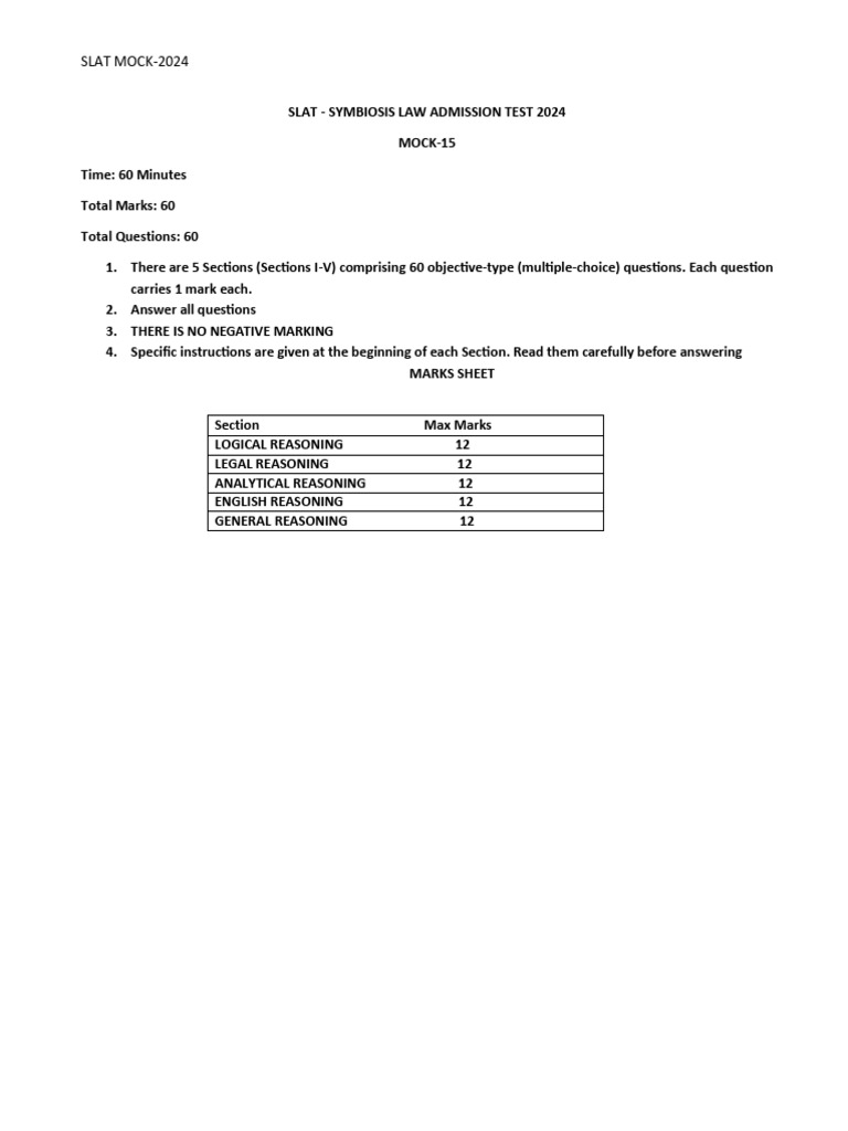 Slat - Symbiosis Law Admission Test-15 2024 | PDF | Guilt (Emotion ...