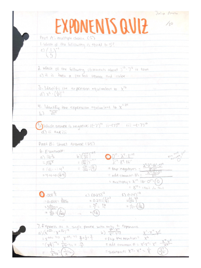 Exponents Quiz Review | PDF