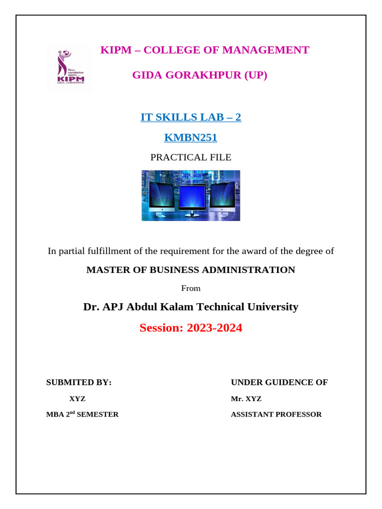 MBA IT SKILL LAB-2 Front Page | PDF