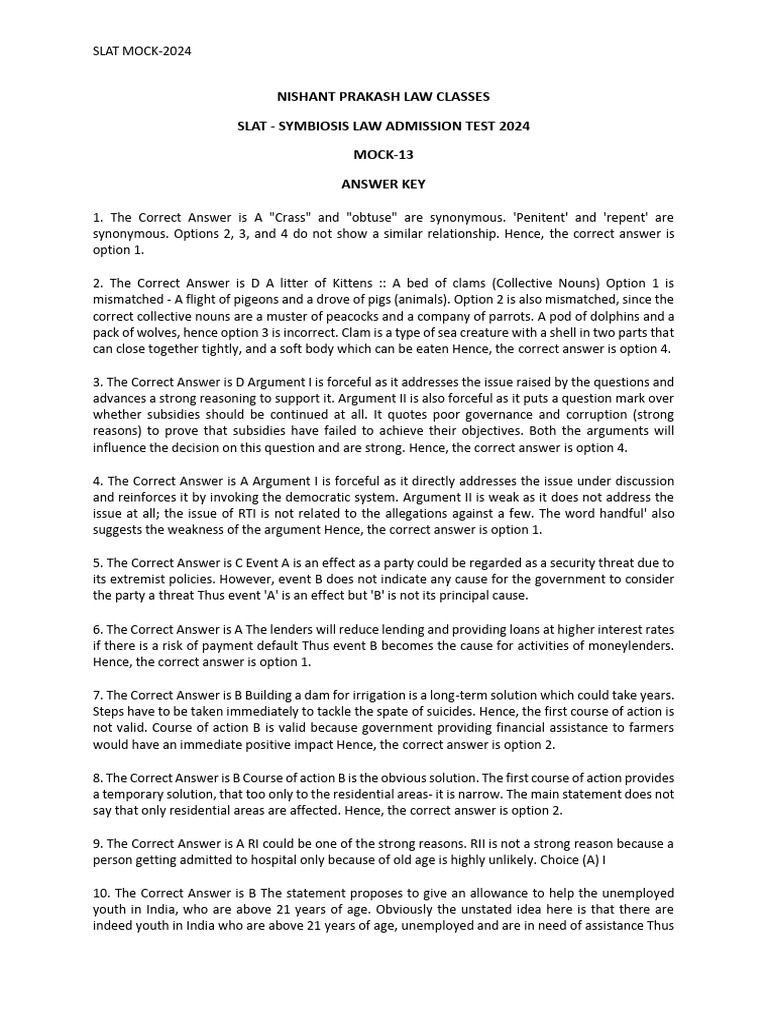 SLAT - SYMBIOSIS LAW ADMISSION TEST-13 2024 ANSWER KEY | PDF | Loans ...