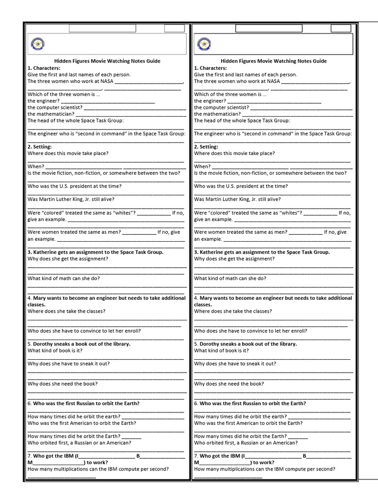 HIDDEN FIGURES WORKSHEET Questions About The Film | PDF
