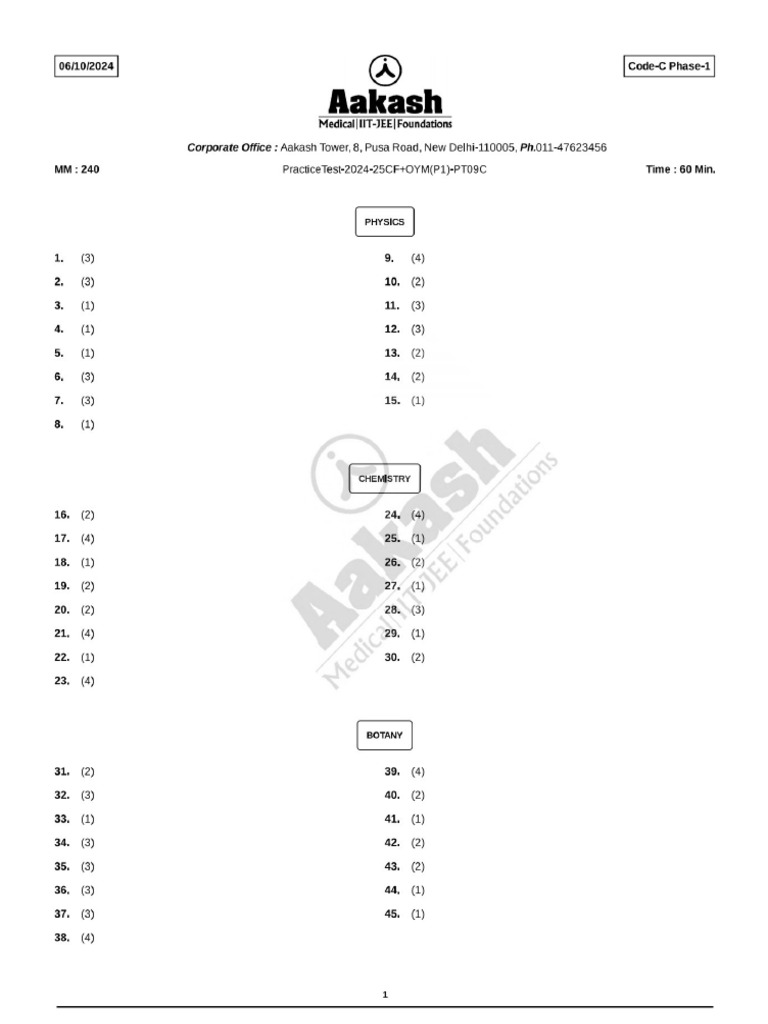 PT 09 CODE C OYM PHASE 01 ANS KEY (1) | PDF