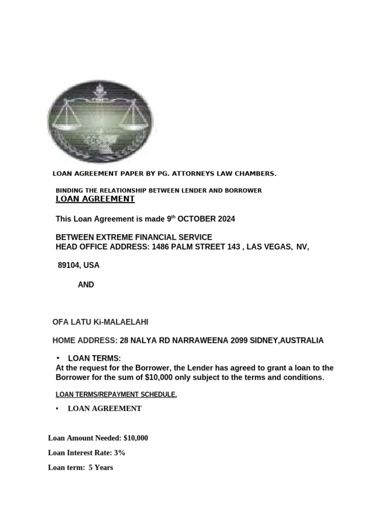 Loan Agreement Paper to Mr OFA LATU (1) | PDF | Loans | Interest