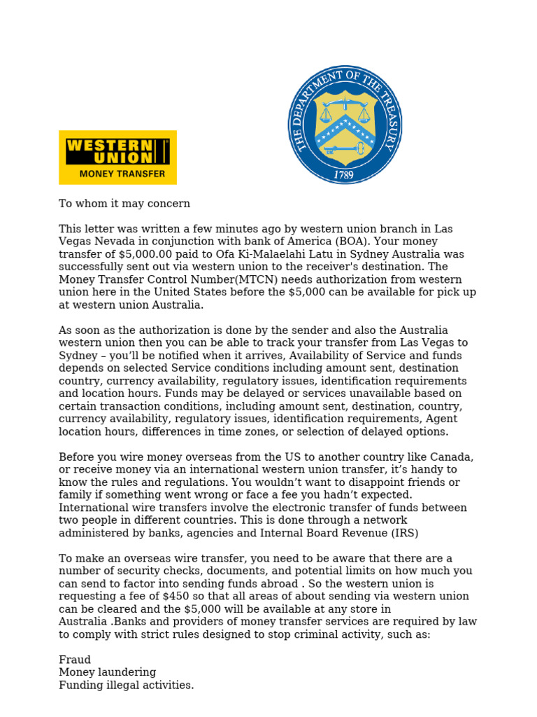 Western Union Letter | PDF | Wire Transfer | Western Union