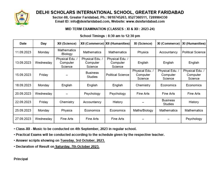 Mid Term Examination Date Sheet - Xi-Xii | PDF | Science