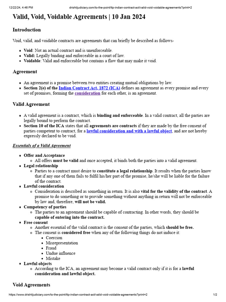 To The Point - TTP Indian Contract Act - Valid Void Voidable Agreements - Print 2 | PDF ...