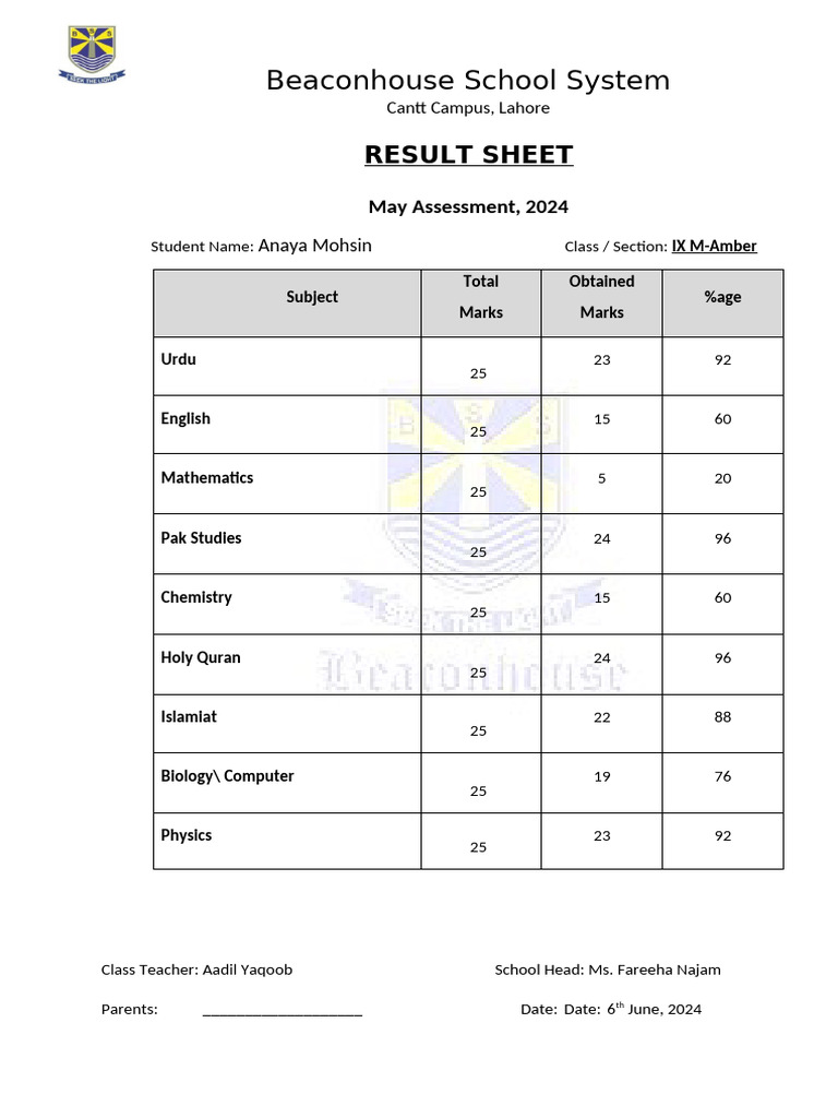 May 2024 Result Sheet: IX M-Amber | PDF