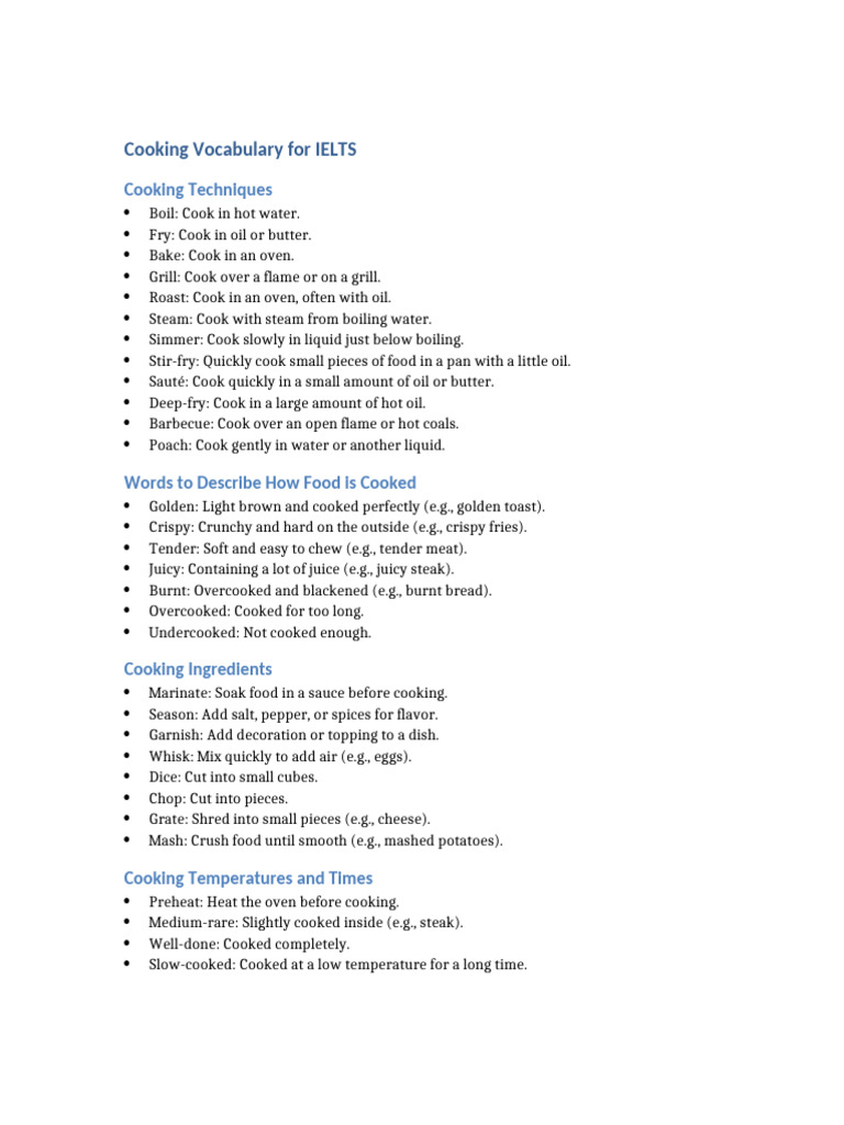 Cooking Vocabulary For IELTS | PDF