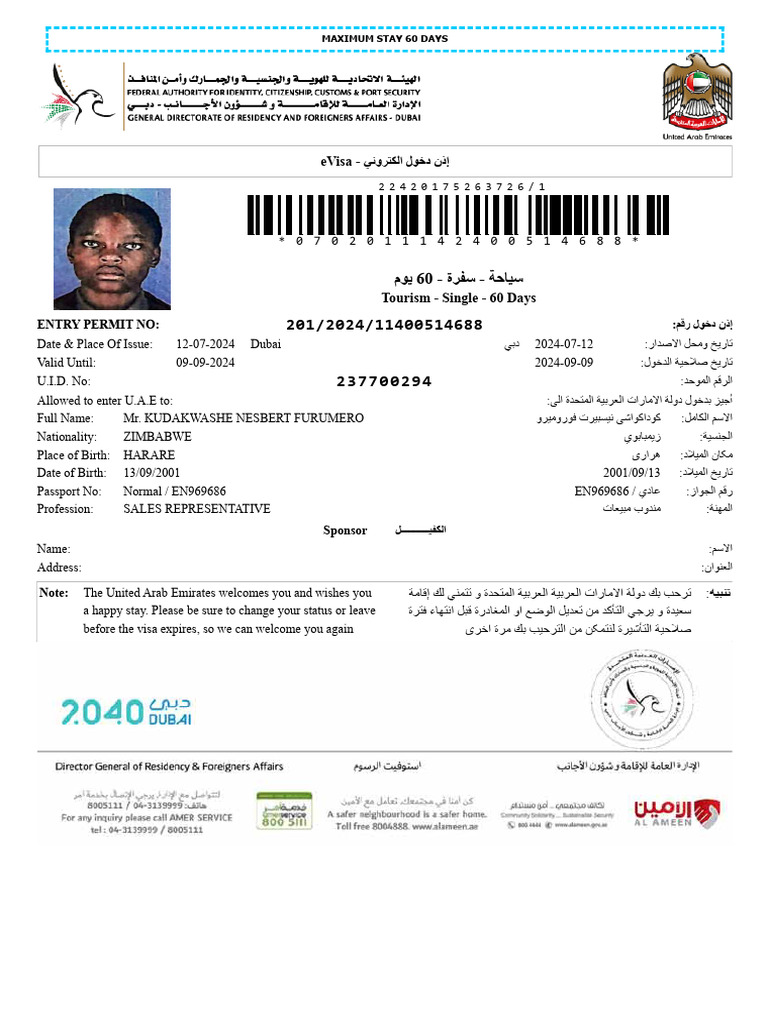 KUDAKWASHE NESBERT FURUMERO ..Visa | PDF