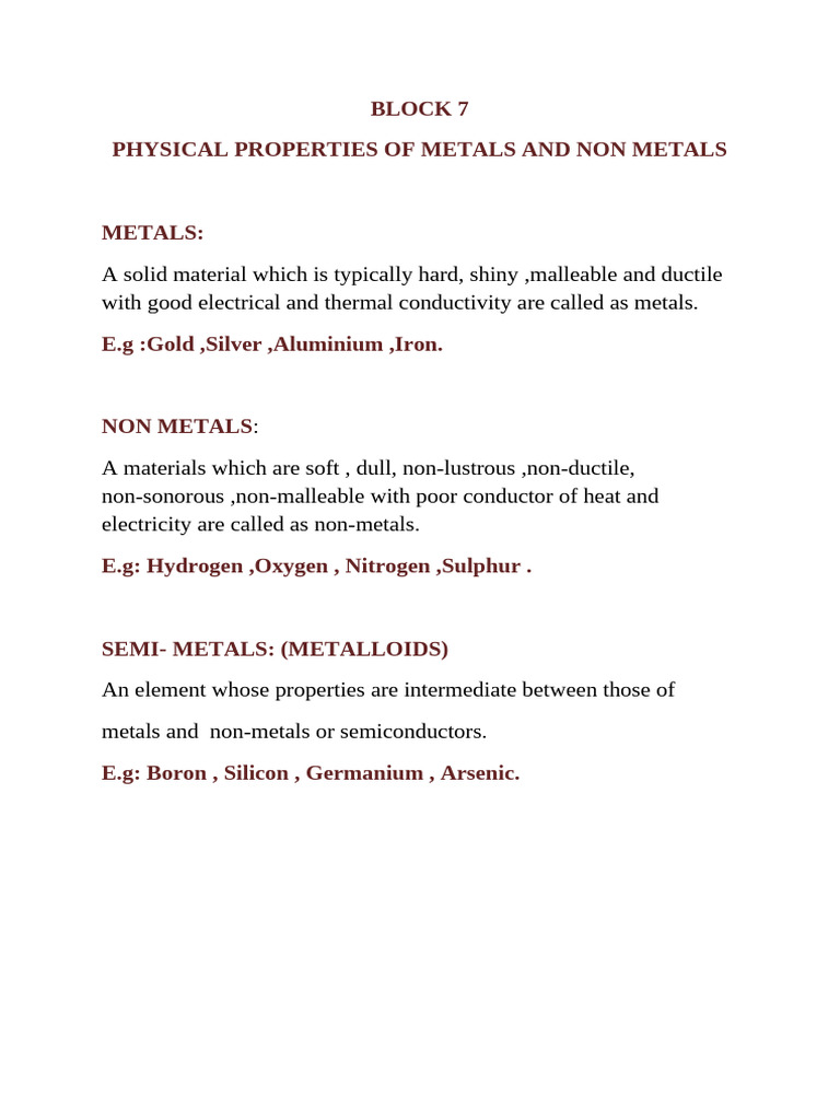 Block 7 Physical Properties of Metals and Non Metals | PDF | Metals ...